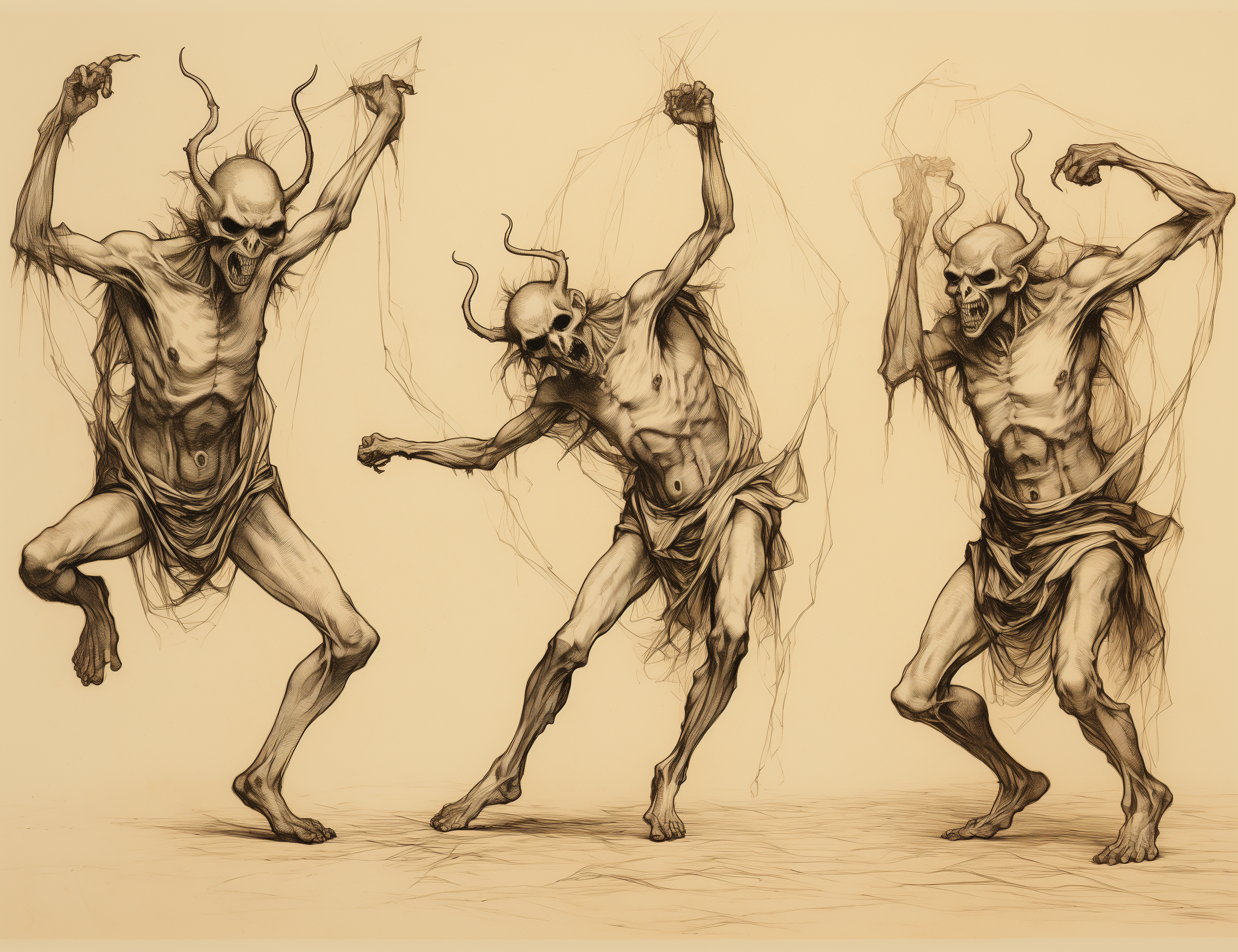 Midjourney prompt: 3 poses of dancing demons, full body d...