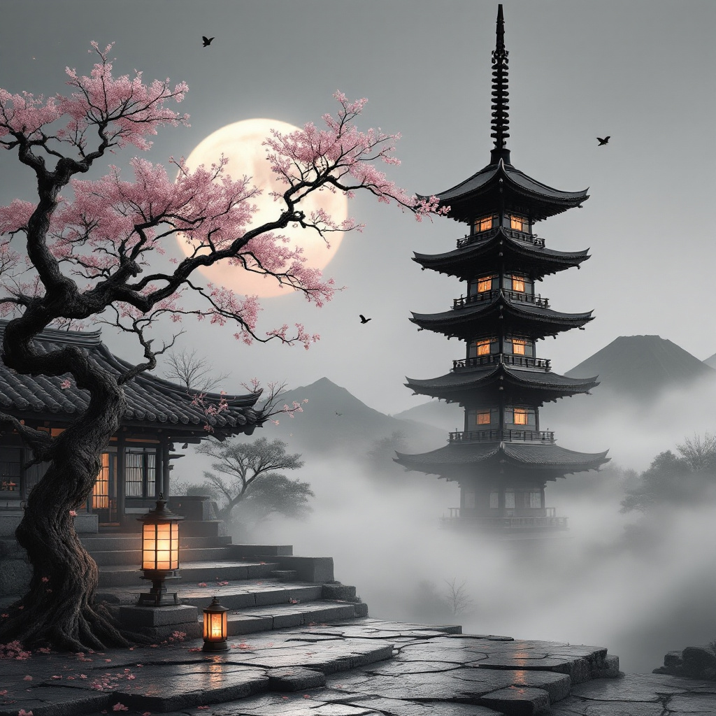FLUX prompt: A full traditional Japanese pagoda tower, of...