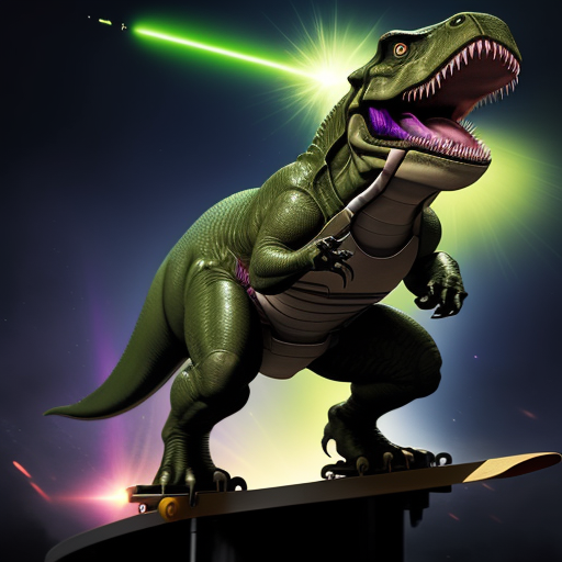 DreamShaper prompt: T-rex with a skateboard, shooting las...