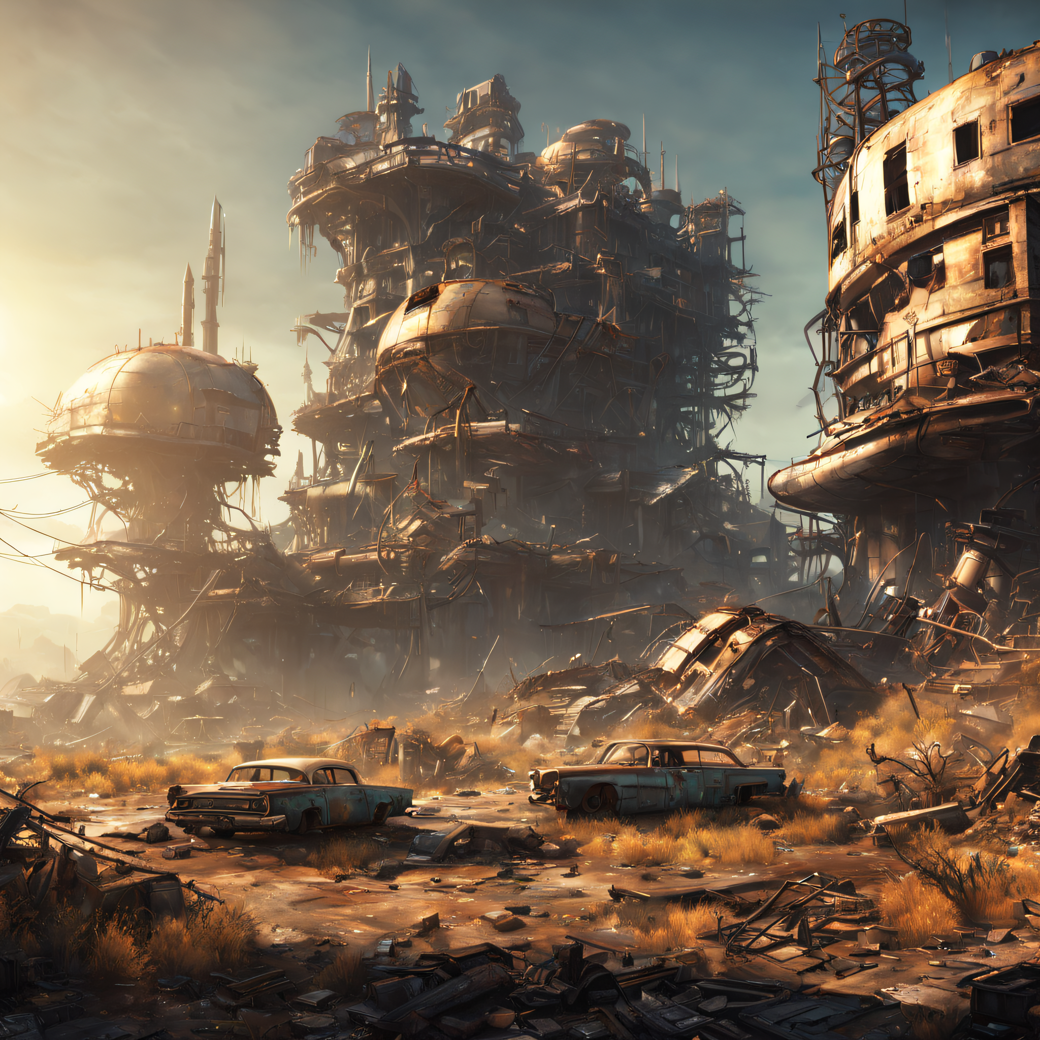 Stable Diffusion prompt: Atompunk, destroyed Landscape