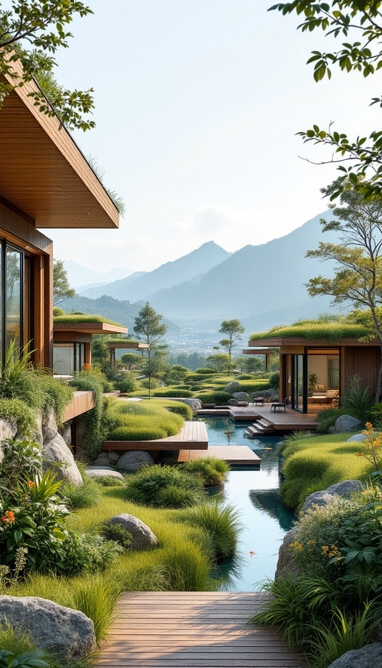 FLUX prompt: Harmonious landscape integration, lush green...