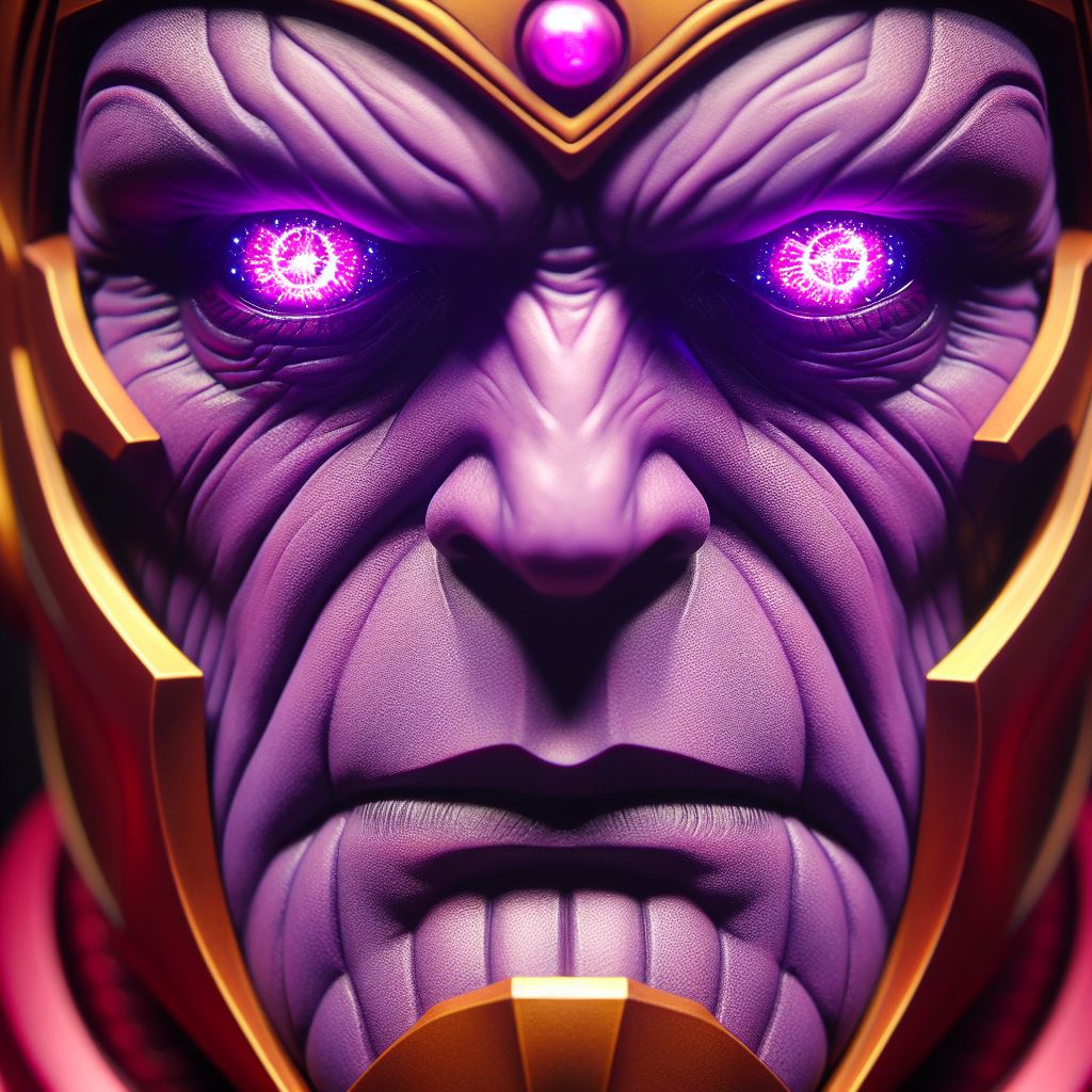 DALL·E prompt: close up of MODOK of Marvel, purple phosph...