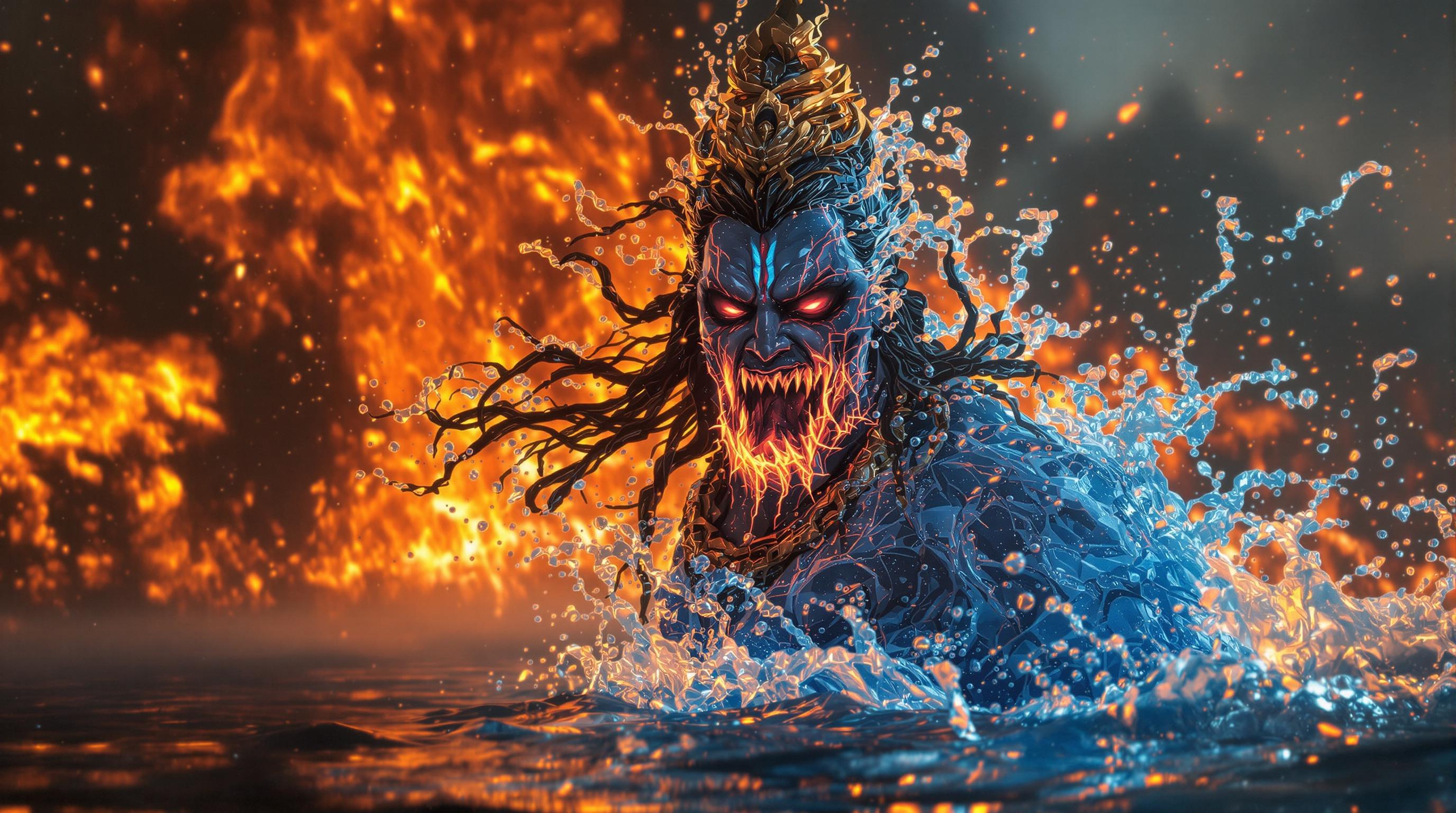 FLUX prompt: POWERFUL scary look Lord Shiva made of water...