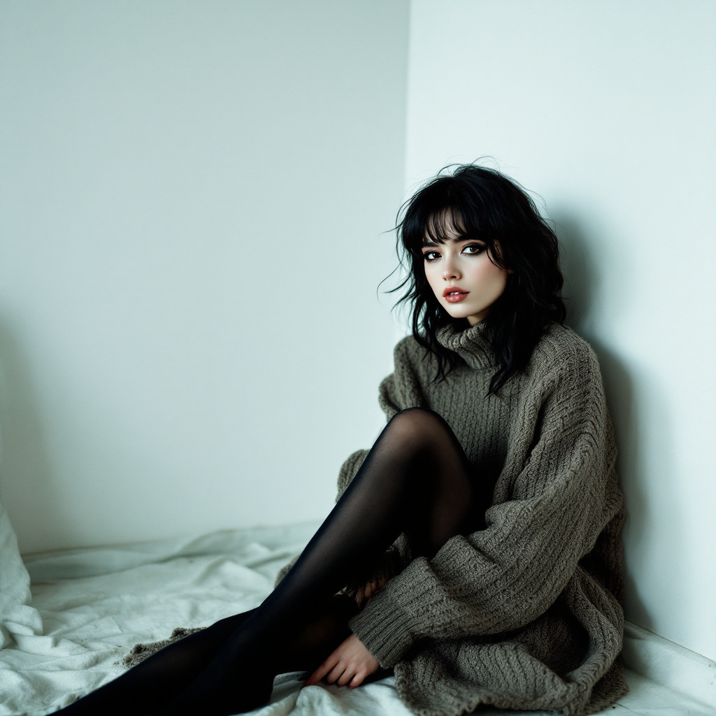 FLUX prompt: model girl with dark hair, black eyeliner, i...