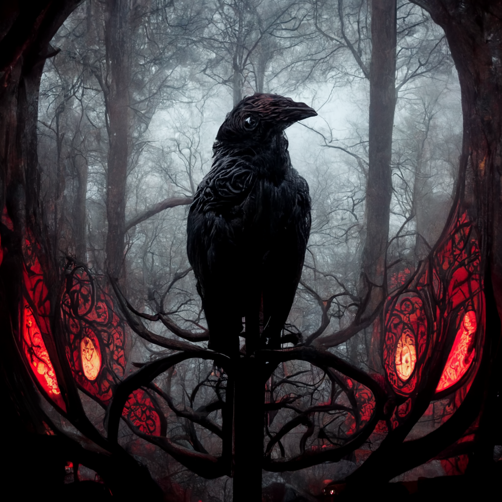 Midjourney prompt: Jet black raven, black red white, spoo...