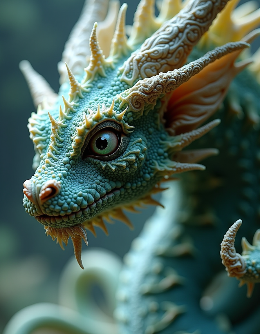 FLUX prompt: close up dof render of a mythical creature m...