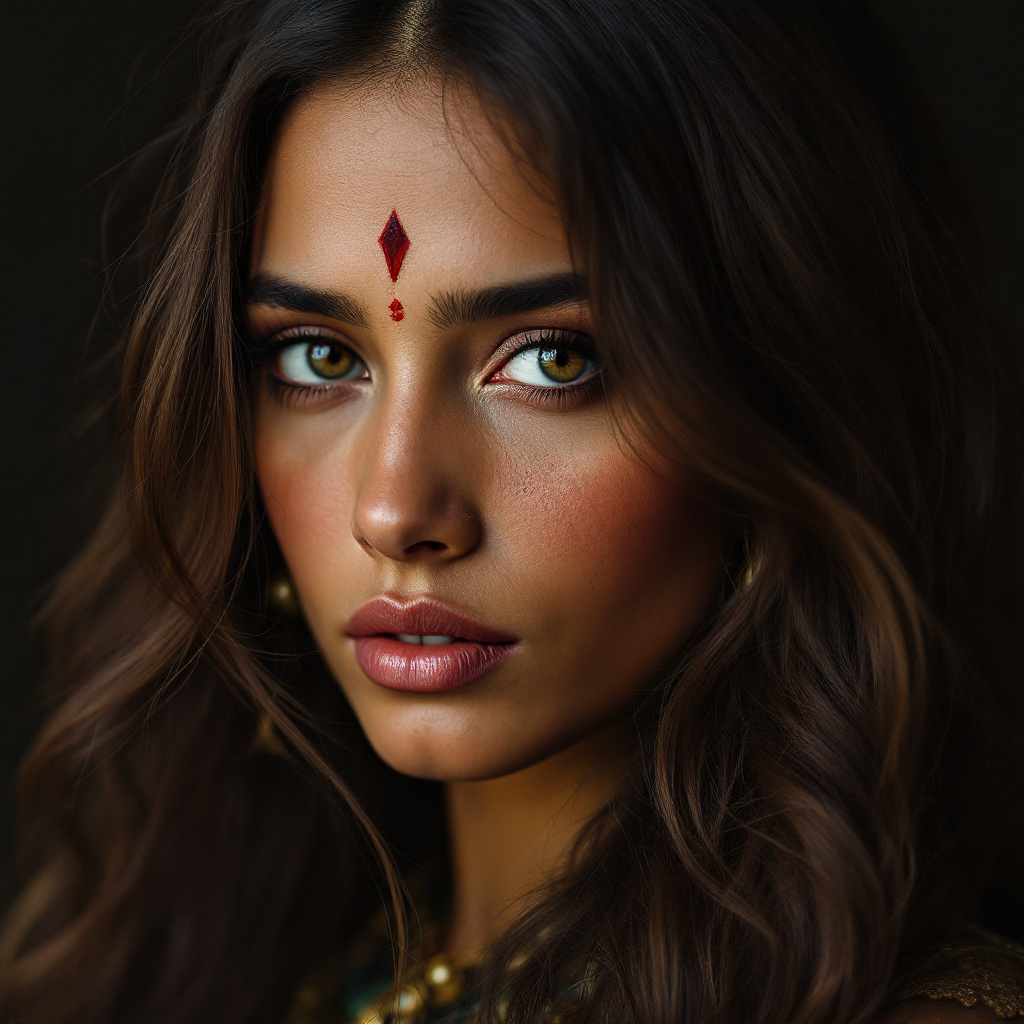FLUX prompt: A close-up portrait of a woman from India wi...