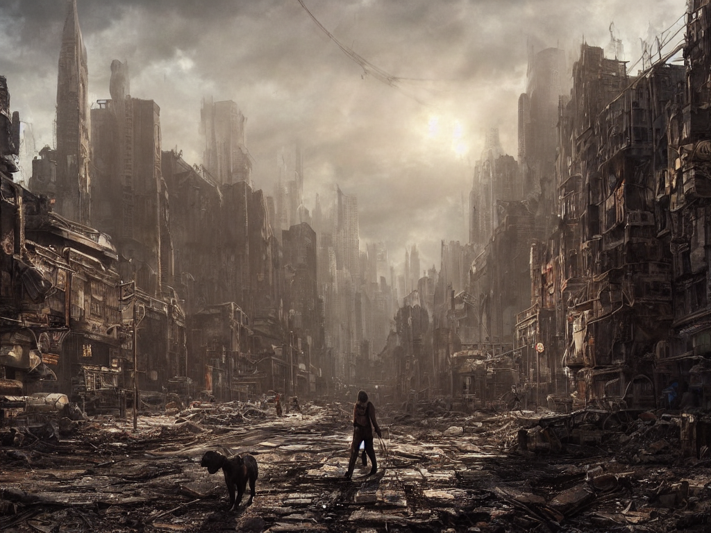 Stable Diffusion prompt: dog walking in a postapocalyptic...