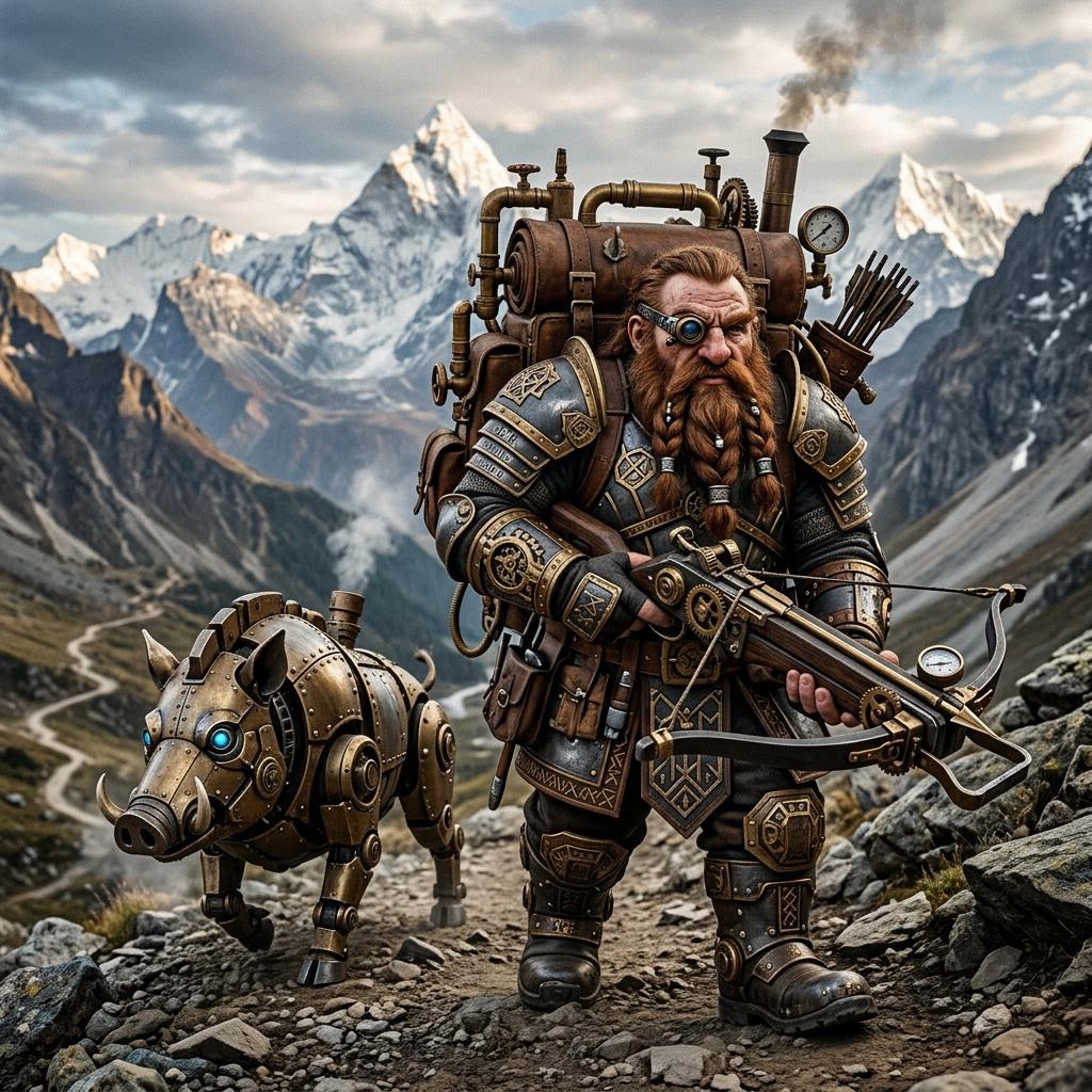 Nano Banana prompt: a male dwarf artificer with a clockwo...