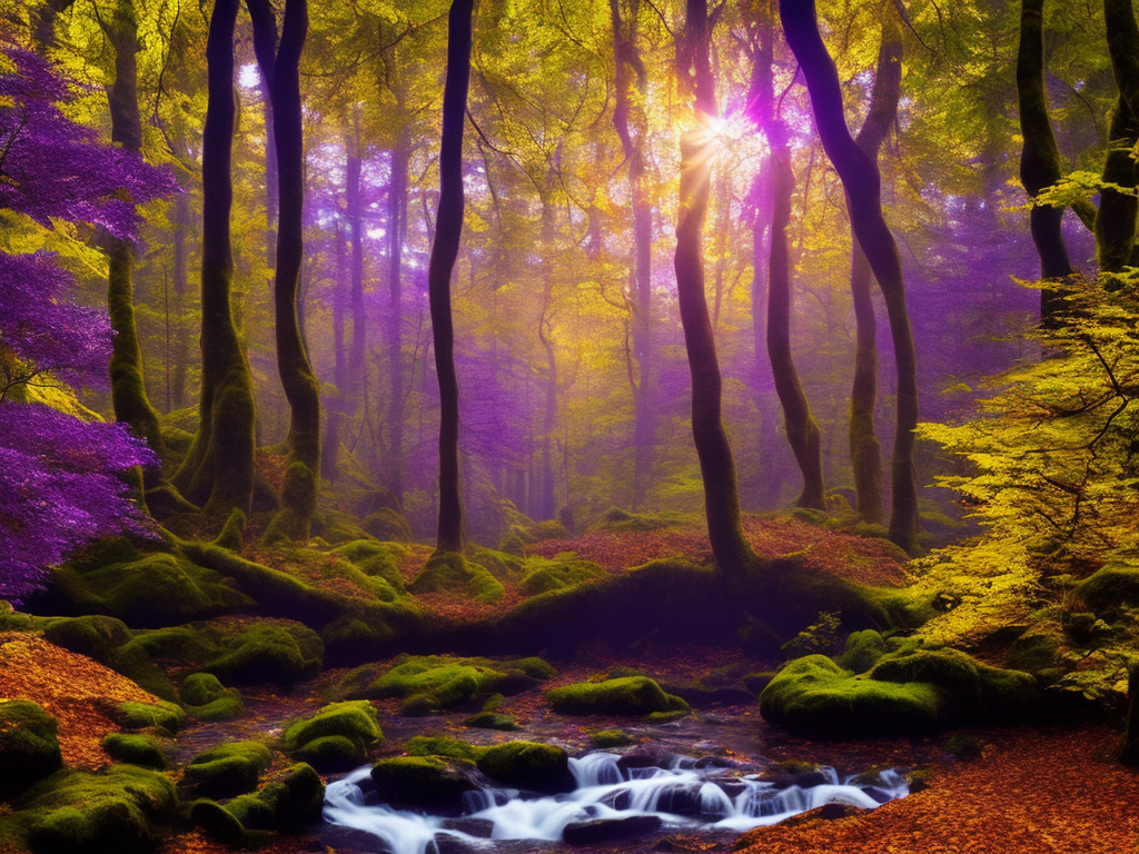 Openjourney prompt: Enchanted Forest, lush, autumn colour...