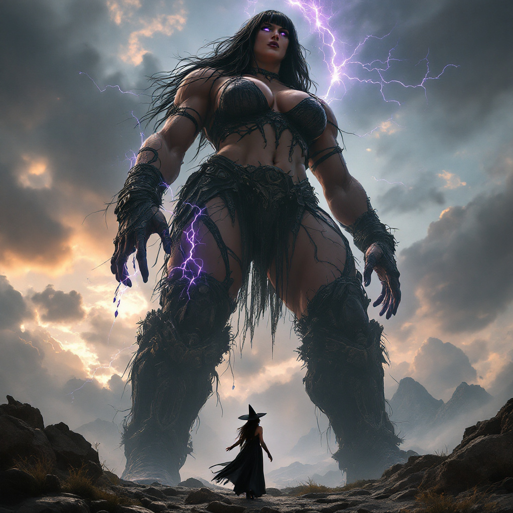 FLUX prompt: enormous giantess female Rhea Ripley from WW...