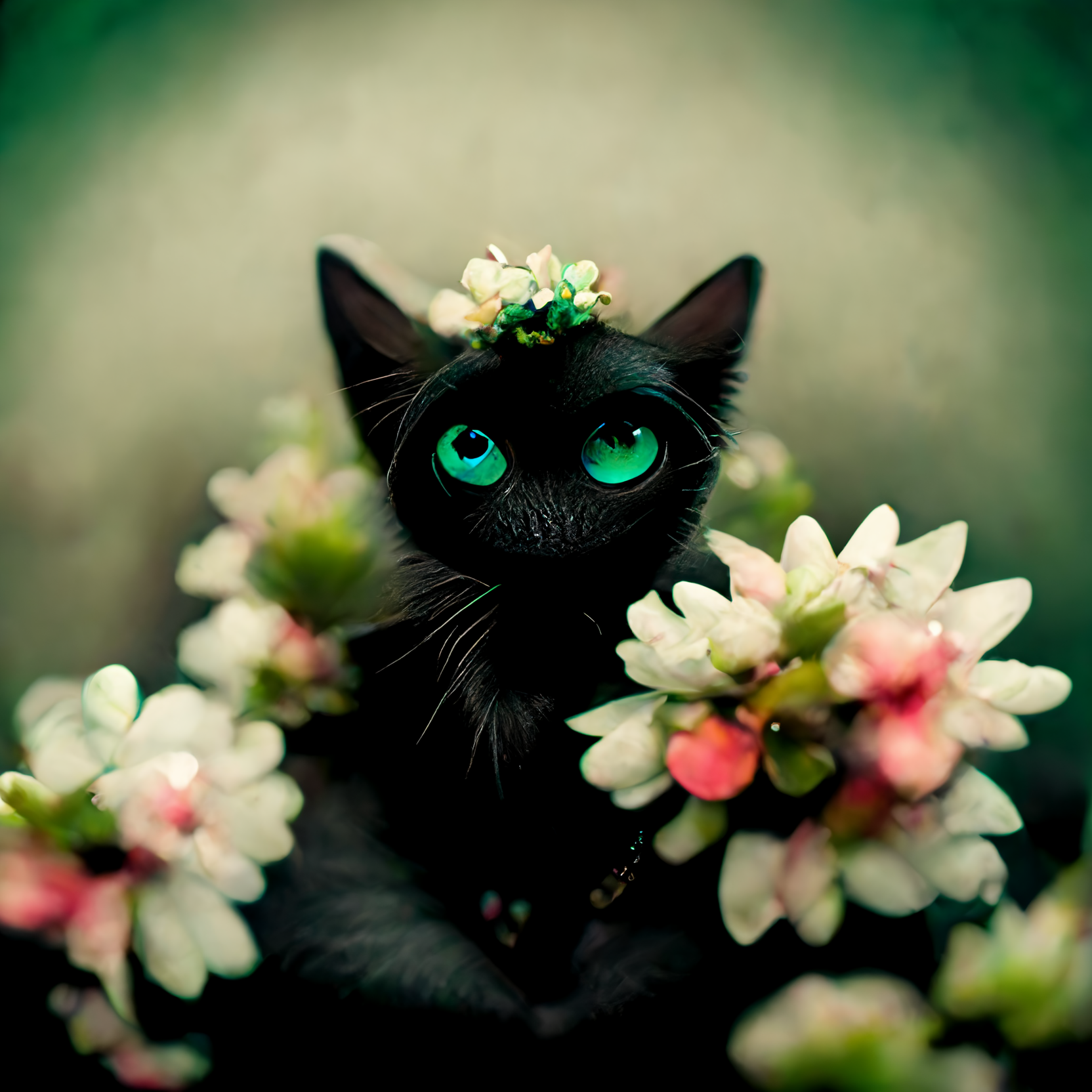 Midjourney prompt: black cat, green eyes, playful, heaven...