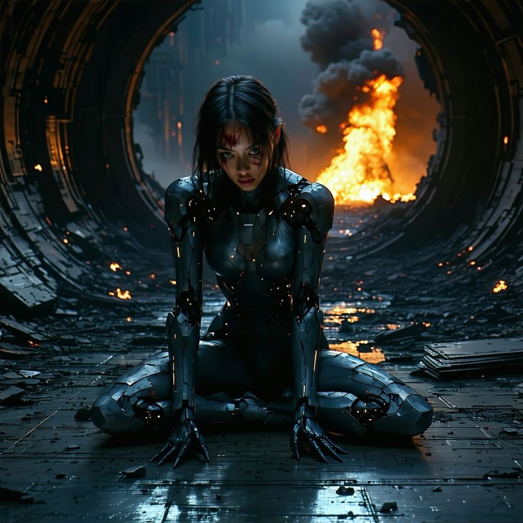 Stable Diffusion prompt: A woman, likely a cyborg, sits s...