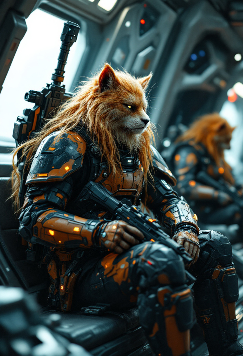 FLUX prompt: A 50yo focused humanoid with feline features...