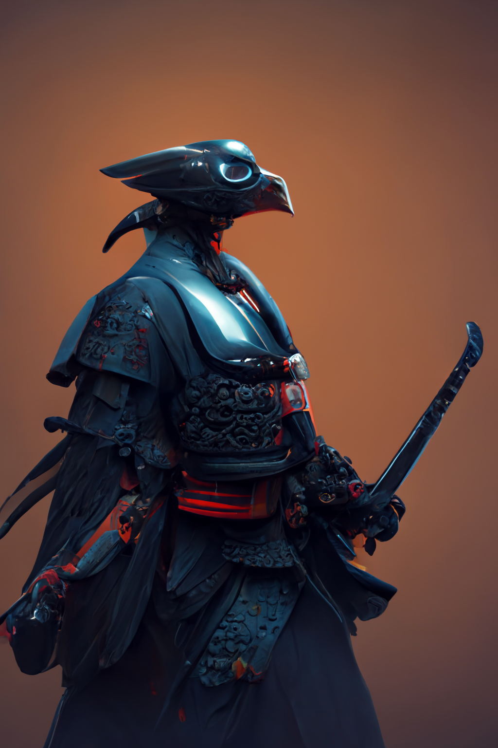 Midjourney prompt: raven samurai with wings:: ronin chara...