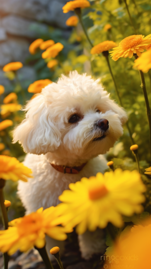 Midjourney prompt: A curious bichon frise sniffing flower...
