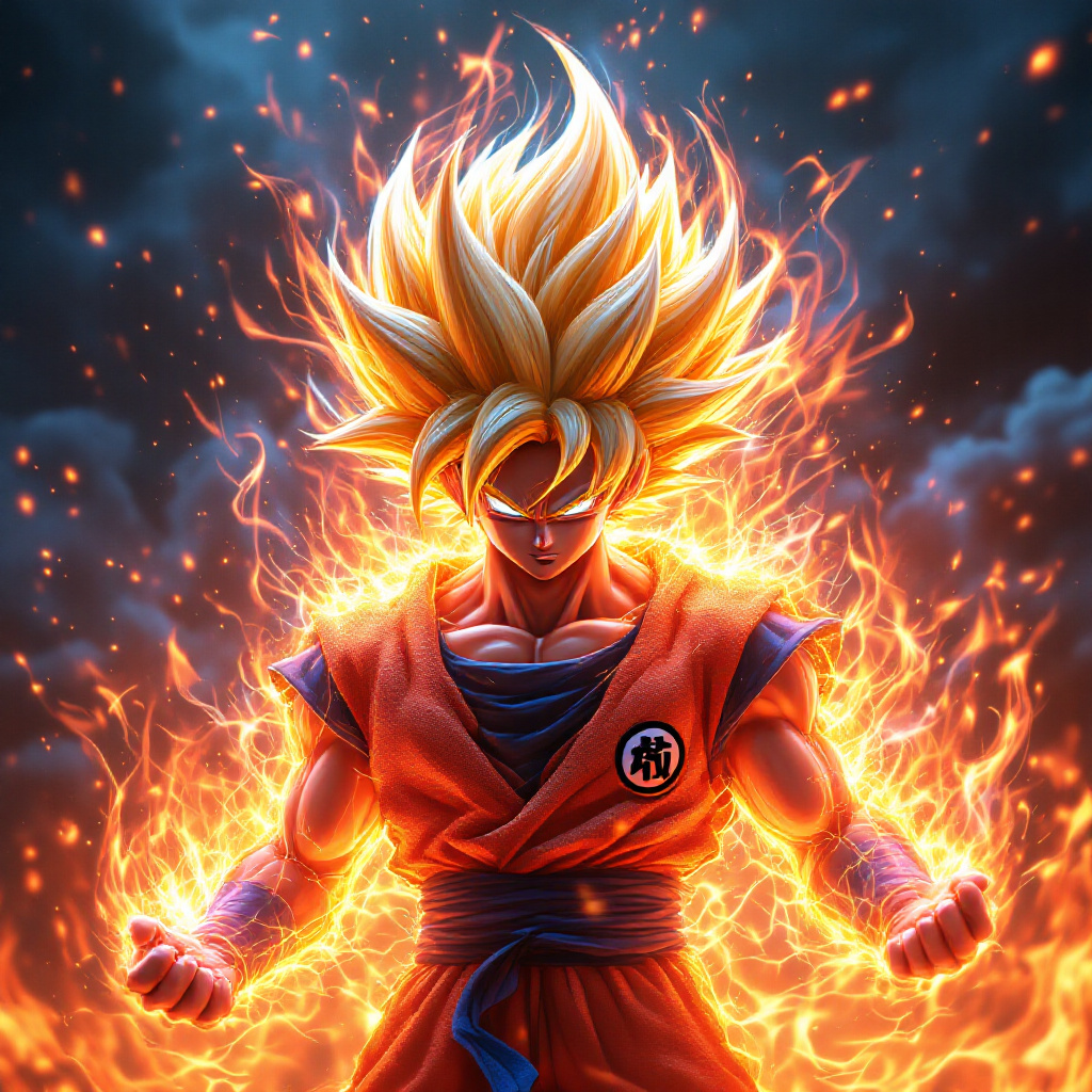FLUX prompt: Goku from Dragon Ball Z transforms into Supe...