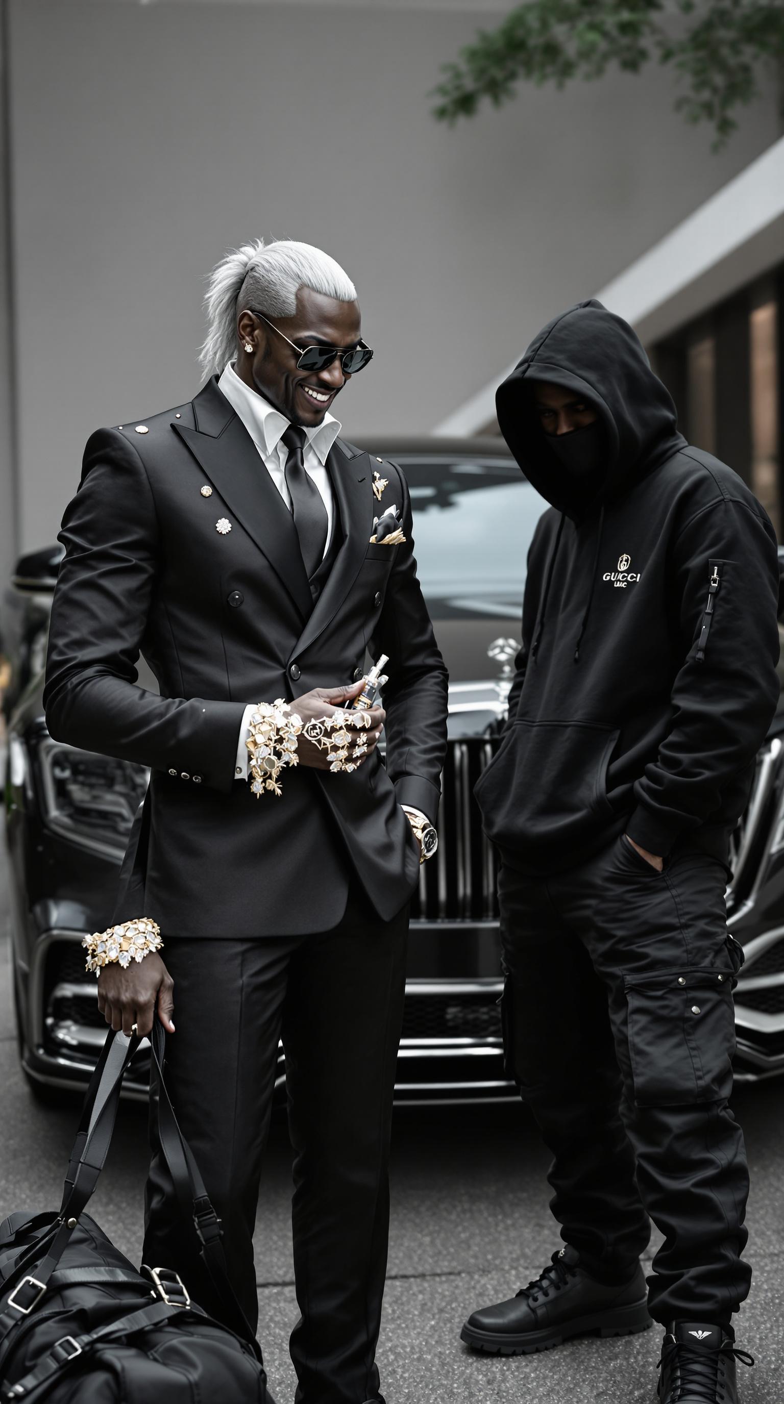 FLUX prompt: A sleek silver fox-headed man, dressed in a ...