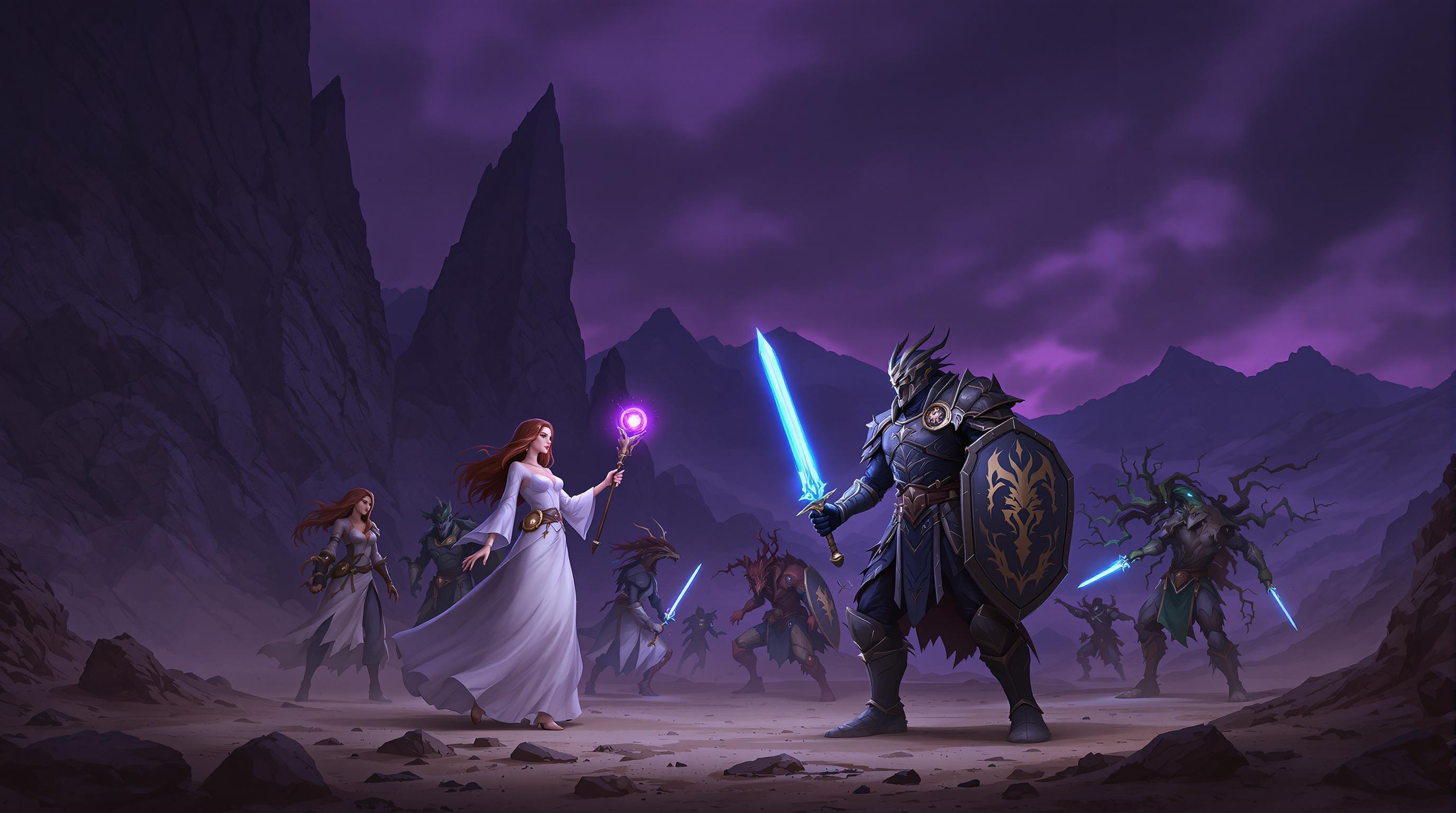 FLUX prompt: A fantasy battle scene with seven characters...