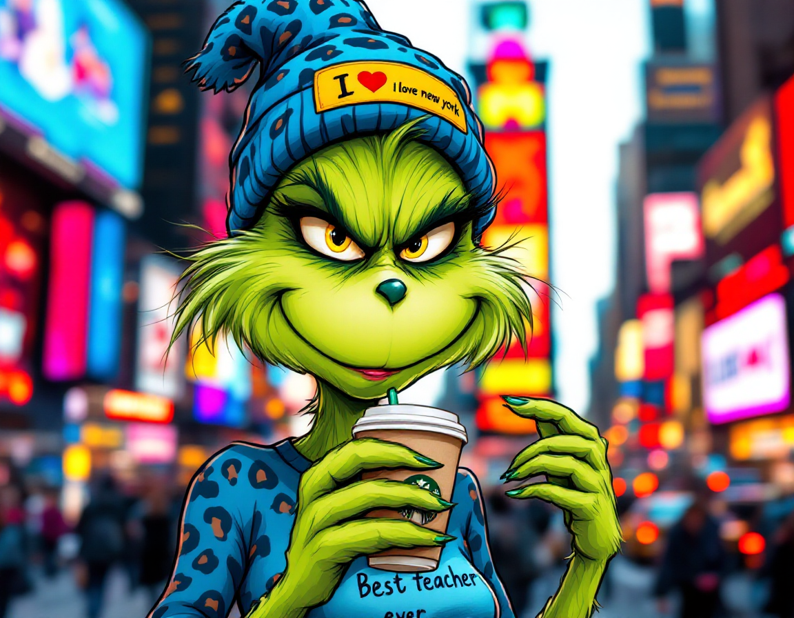 FLUX prompt: The Grinch, depicted as a female cartoon ch...