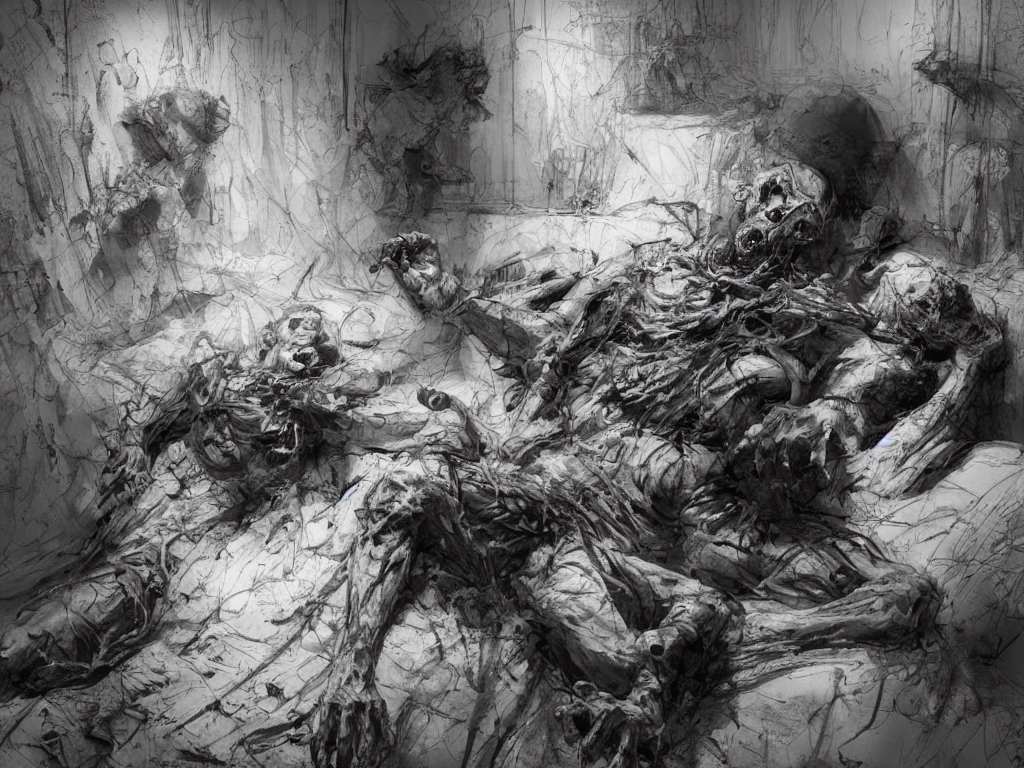 Stable Diffusion prompt: zombie in a hospital room, panic...