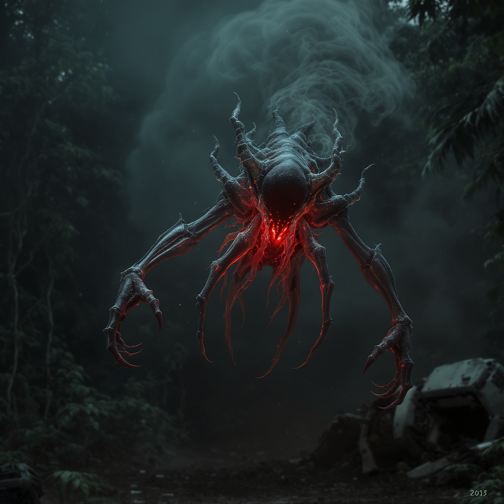 FLUX prompt: Render a hyper-realistic, terrifying alien p...