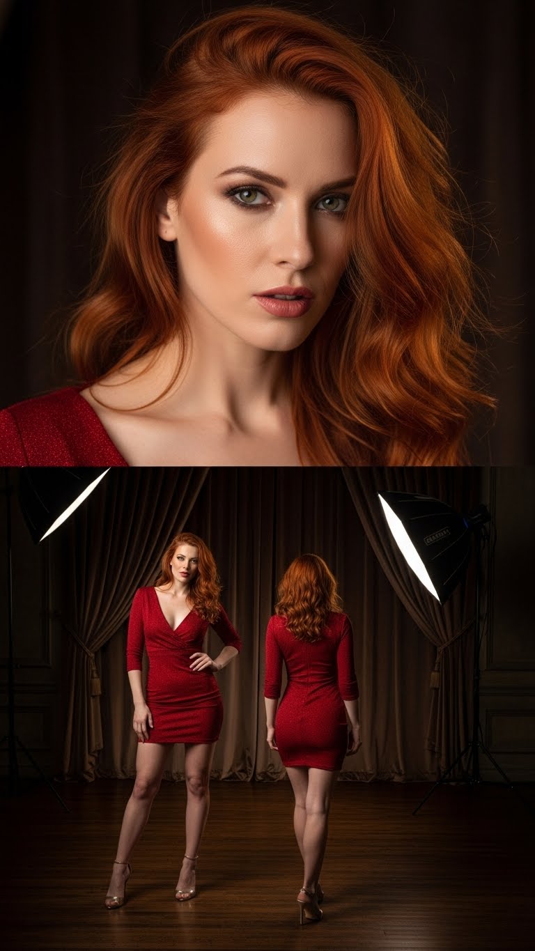 Redhead woman poses for a photo-shoot wearing a sh...
