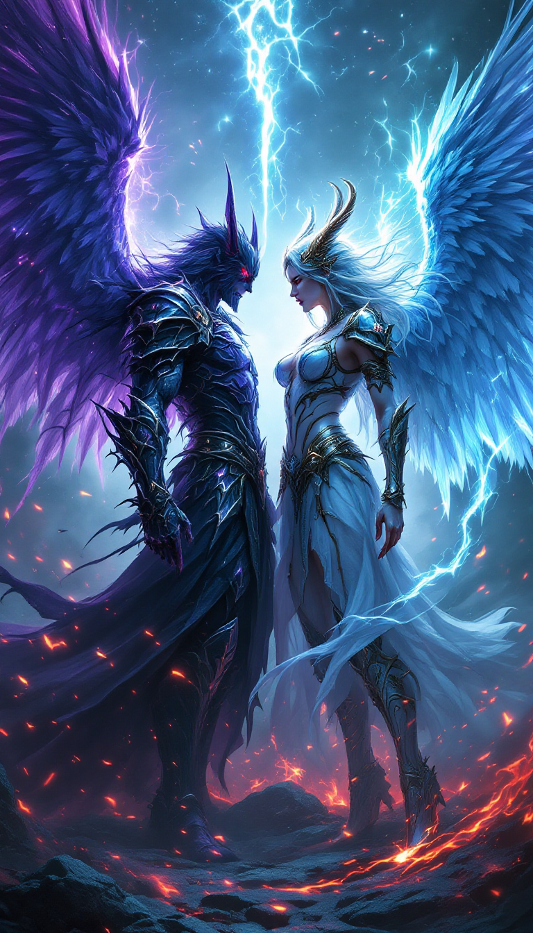 FLUX prompt: hell and heaven fight, demon male vs female...