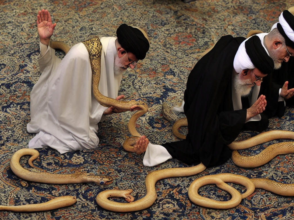 Stable Diffusion prompt: Ali khamenei praying to snakes
