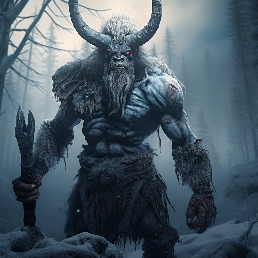 Midjourney prompt: scary horned ogre, 20 meter tall, full...