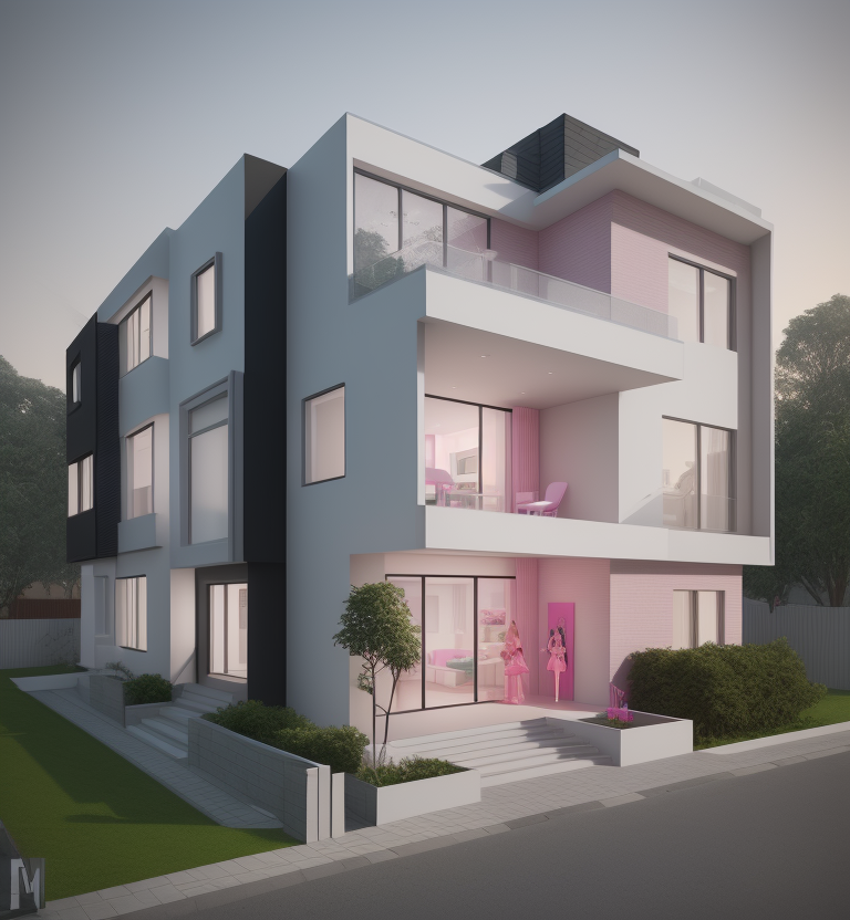 DreamShaper prompt: architectural render of barbie's semi...