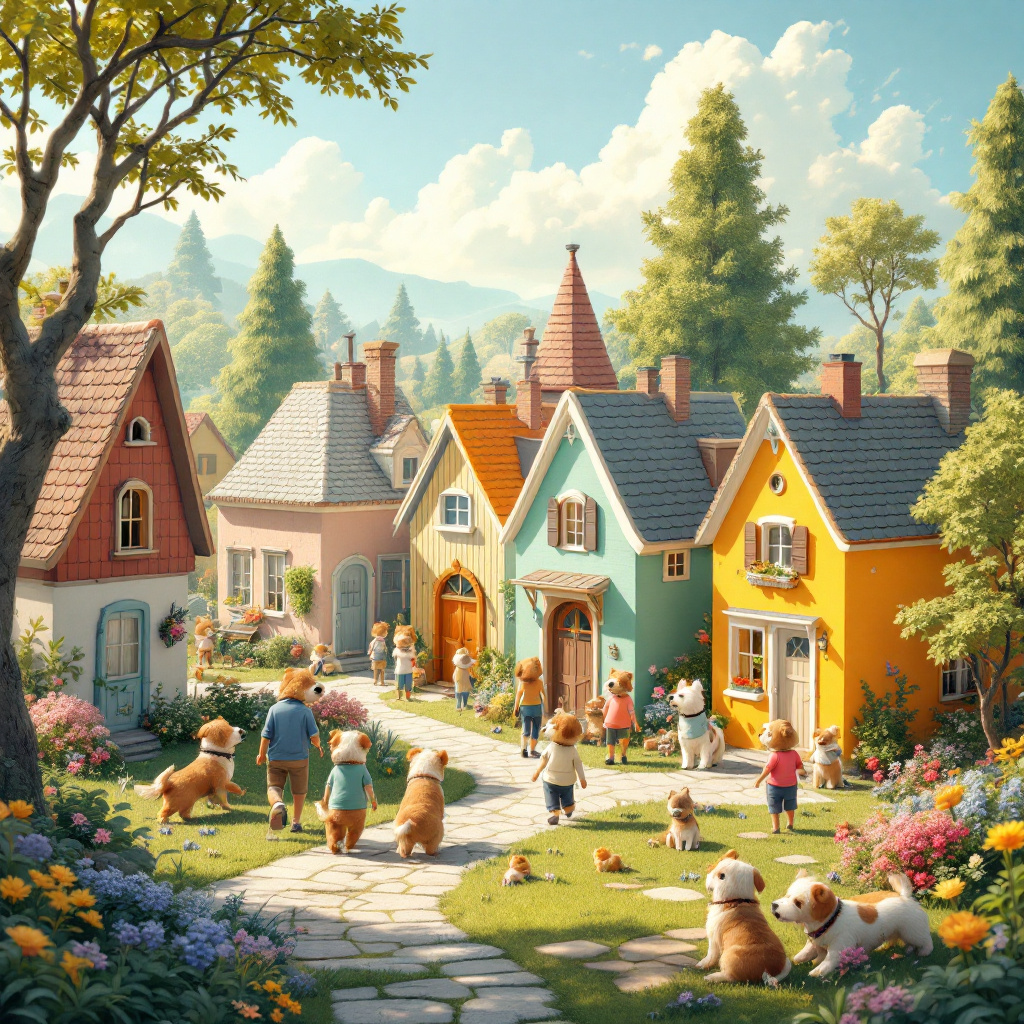 FLUX prompt: A small village with houses shaped like 3D c...