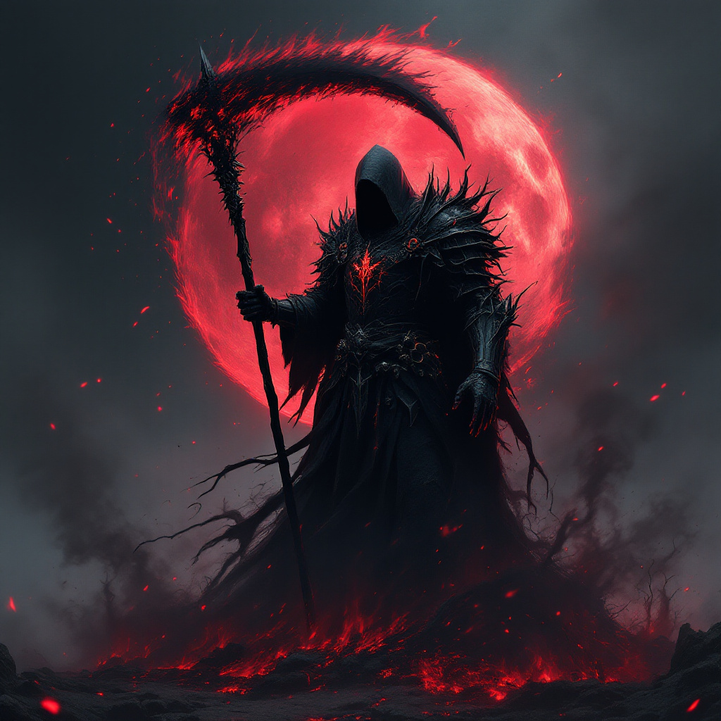 FLUX prompt: powerful black flames, a black-robed knight ...