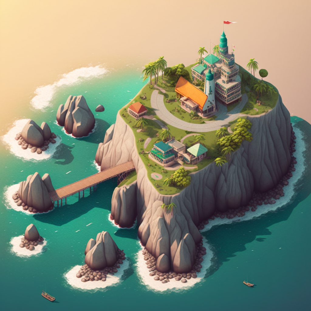 Midjourney prompt: isometric view of fantasy island reali...