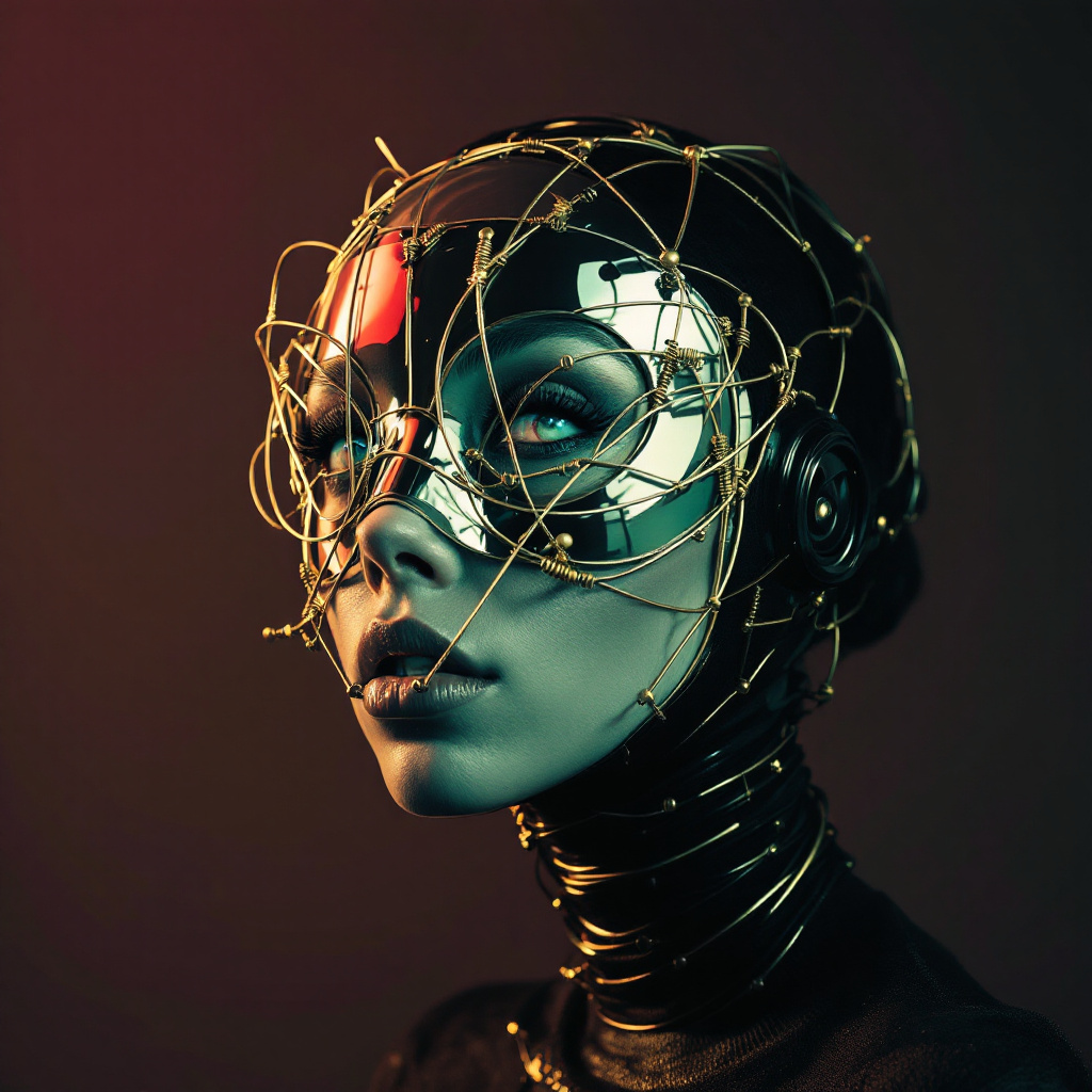FLUX prompt: a woman wears a mask that has wire wrapped,