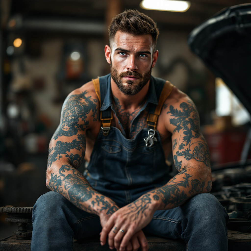 FLUX prompt: man dressed as car mechanic, workshop backgr...
