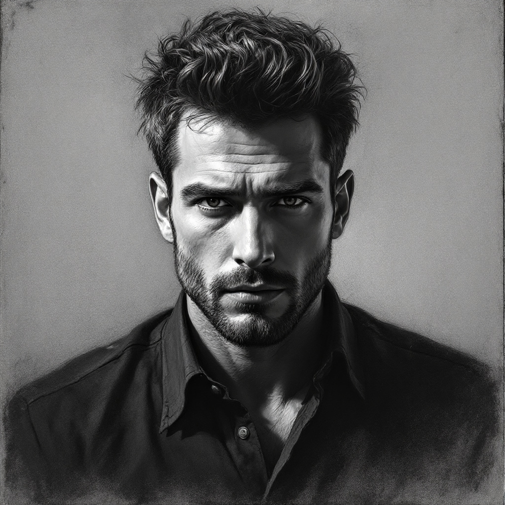 FLUX prompt: Charcoal drawing, portrait of a guy, charism...