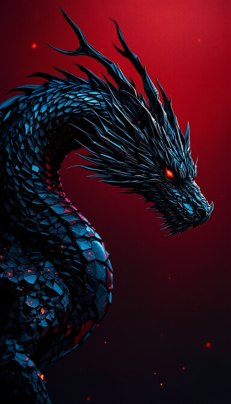 FLUX prompt: A black dragon made from rough black obsidia...