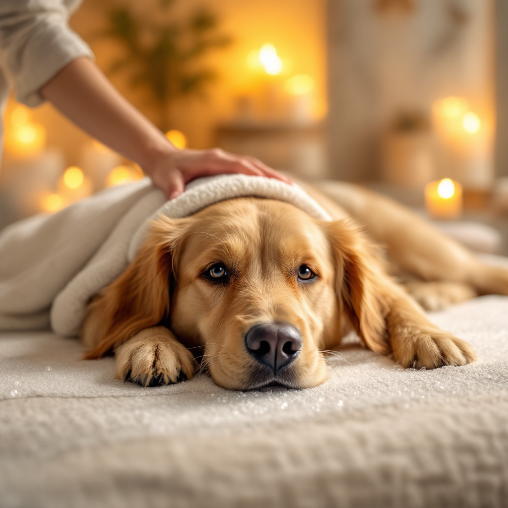 FLUX prompt: In a luxury pet spa a cute Golden retriever ...