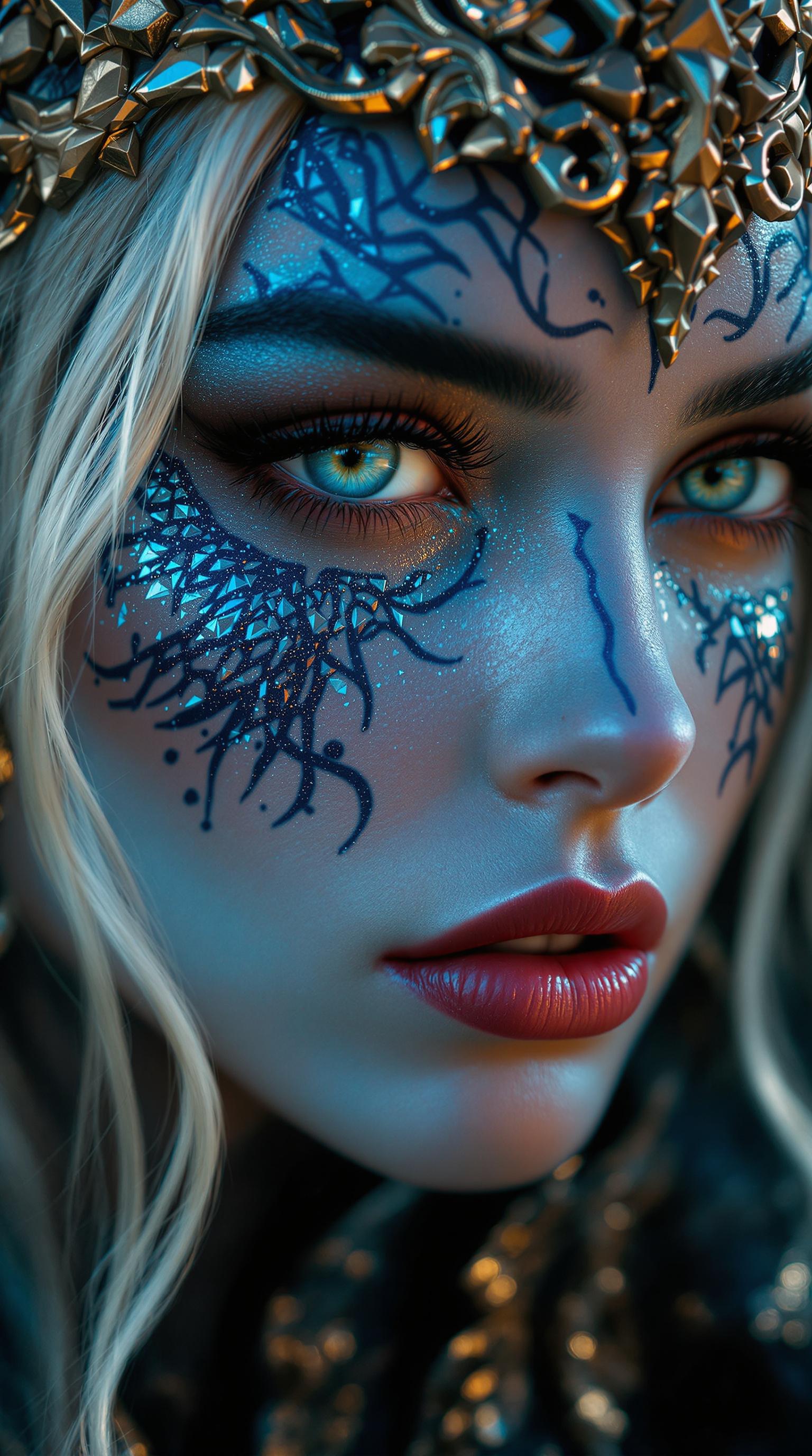 FLUX prompt: fantasy dragon queen, shiny blue tattoos in ...