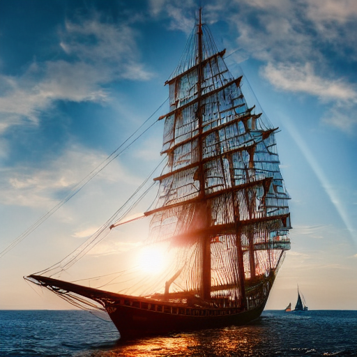 Stable Diffusion prompt: photo of a sailing ship, dramati...