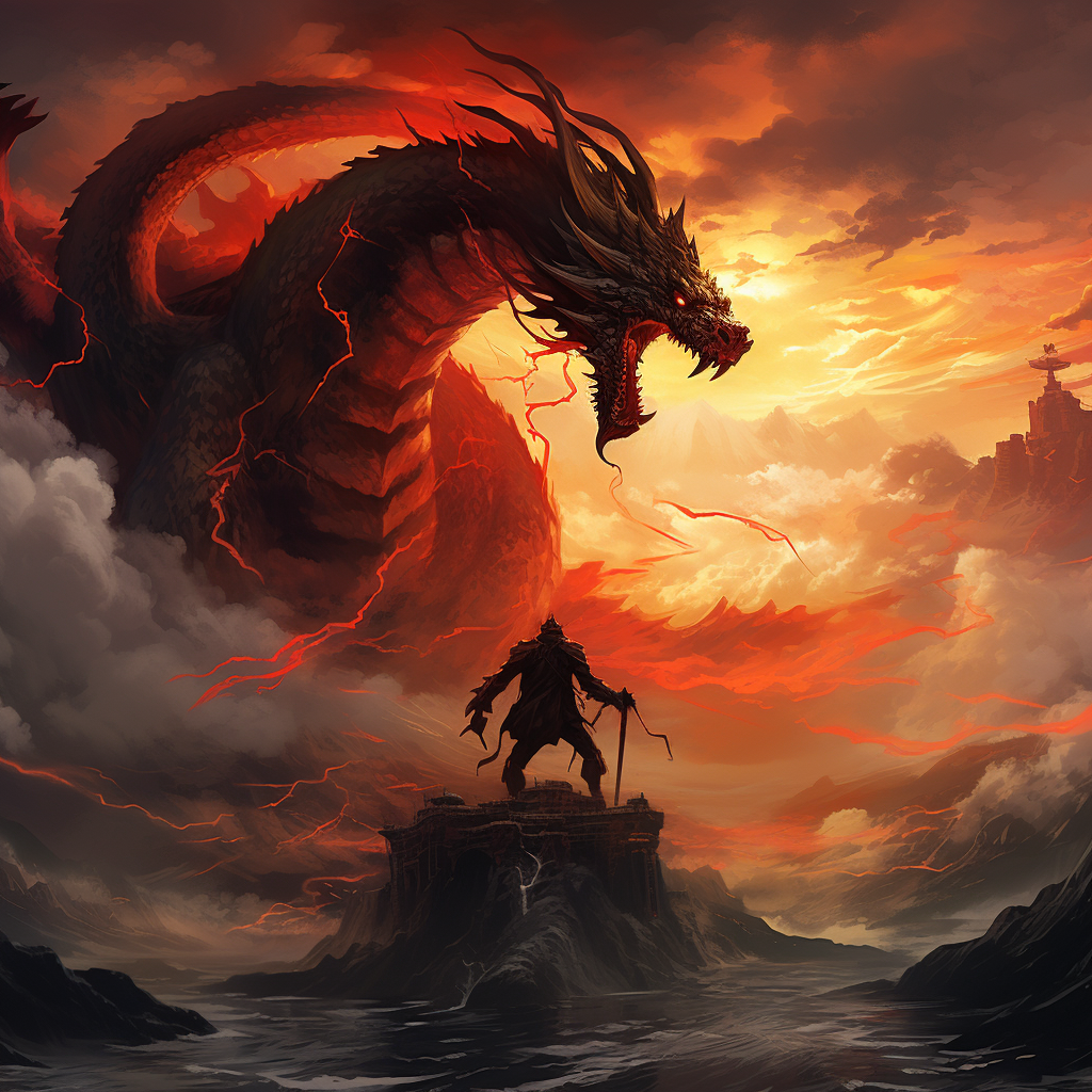 Midjourney prompt: The image features a large, fierce dra...