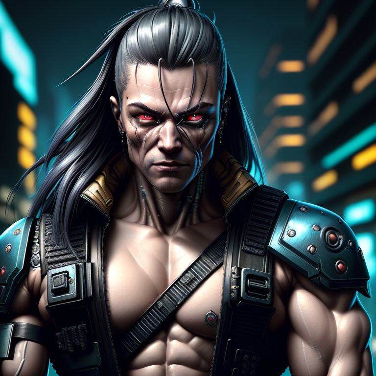 DreamShaper prompt: cyberpunk warrior muscles pose portra...