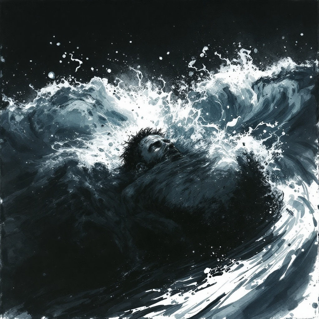 FLUX prompt: illustration of a submerged man, sea, waves,...