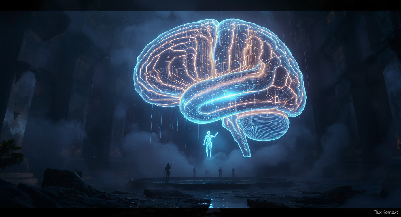 Flux Kontext prompt: Inside a dark futuristic art temple,...