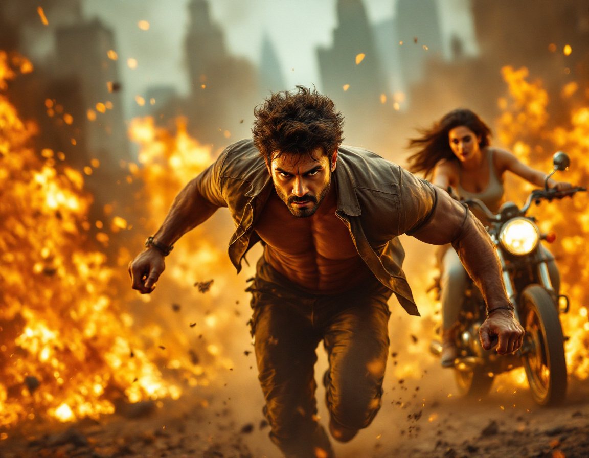 FLUX prompt: Imagine a gripping Bollywood action scene: t...