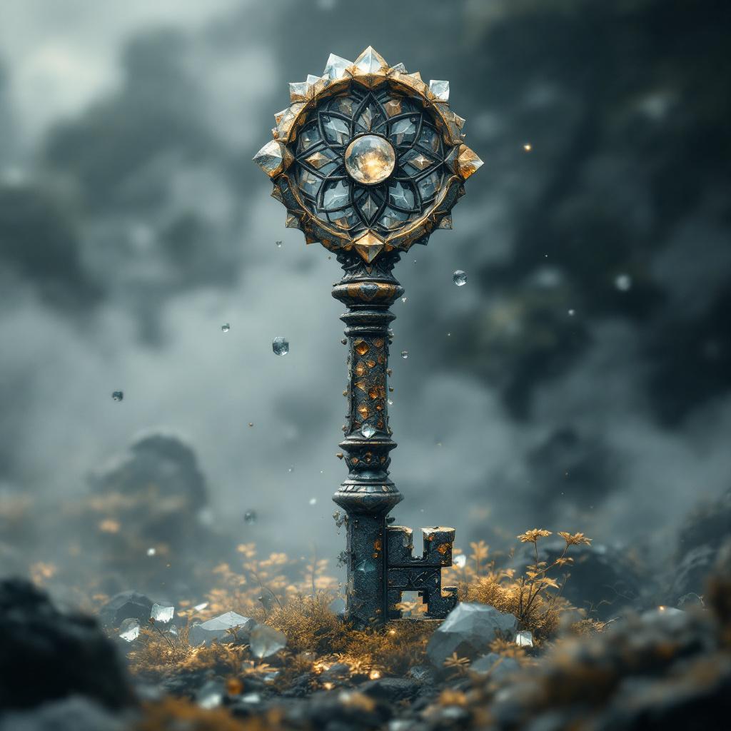 FLUX prompt: Create a key made of stone with metal and cr...
