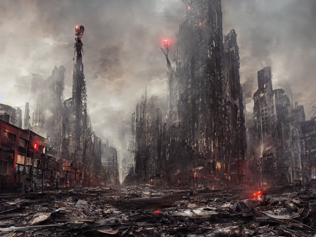 Stable Diffusion prompt: fire destroyed city with an tall...
