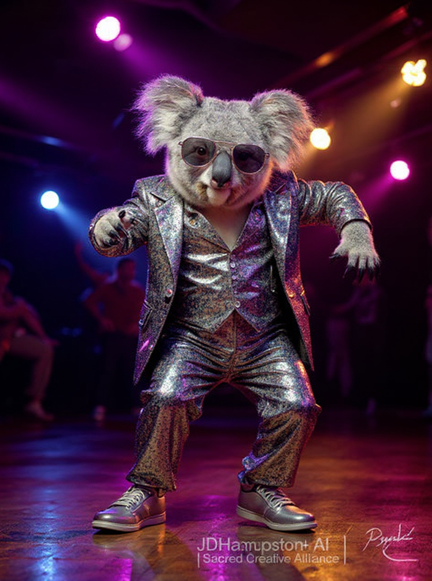 FLUX prompt: Tap dancing flat out Australian Kola Bear co...