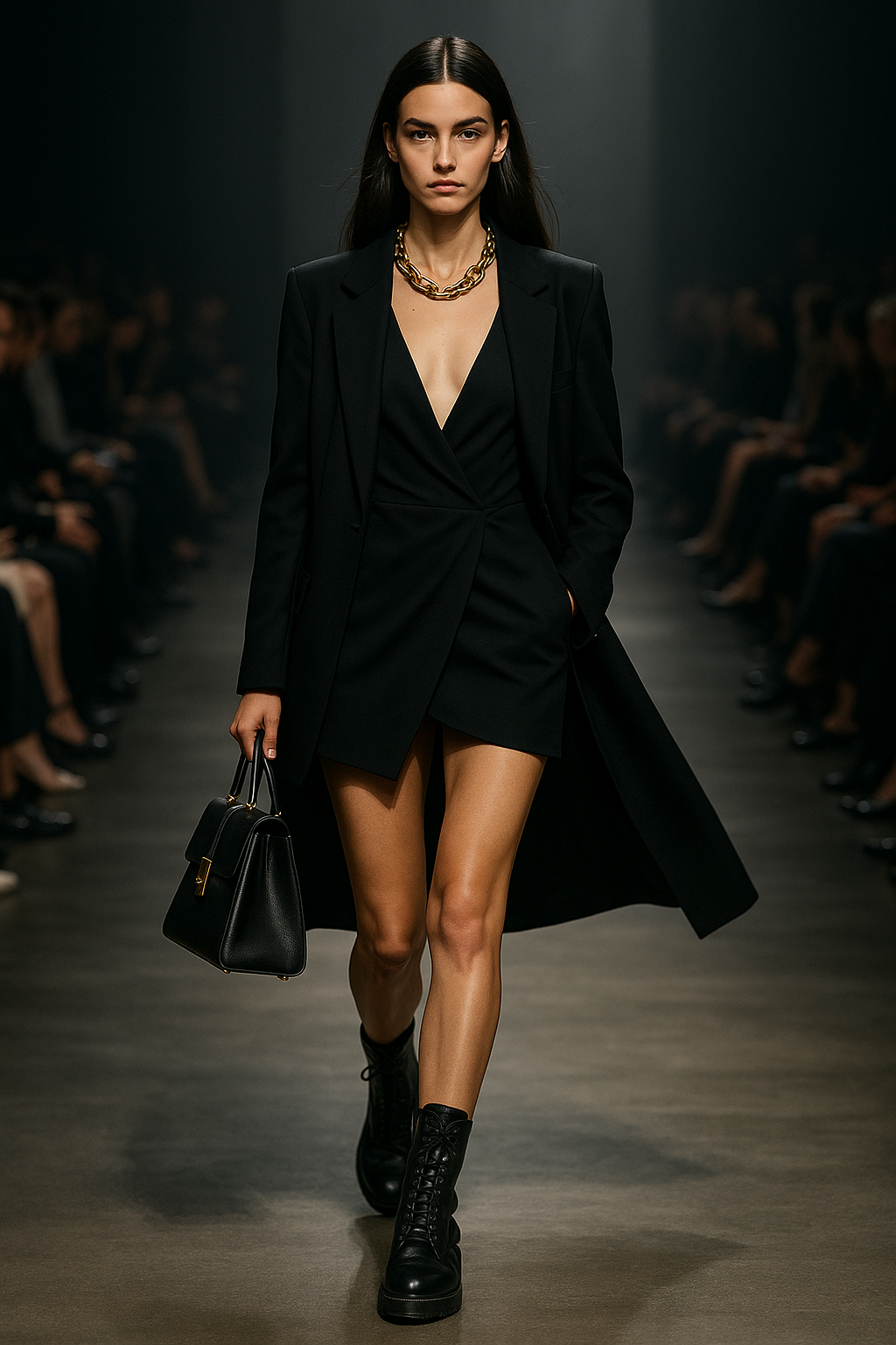 Sora prompt: A striking fashion runway scene featuring a ...